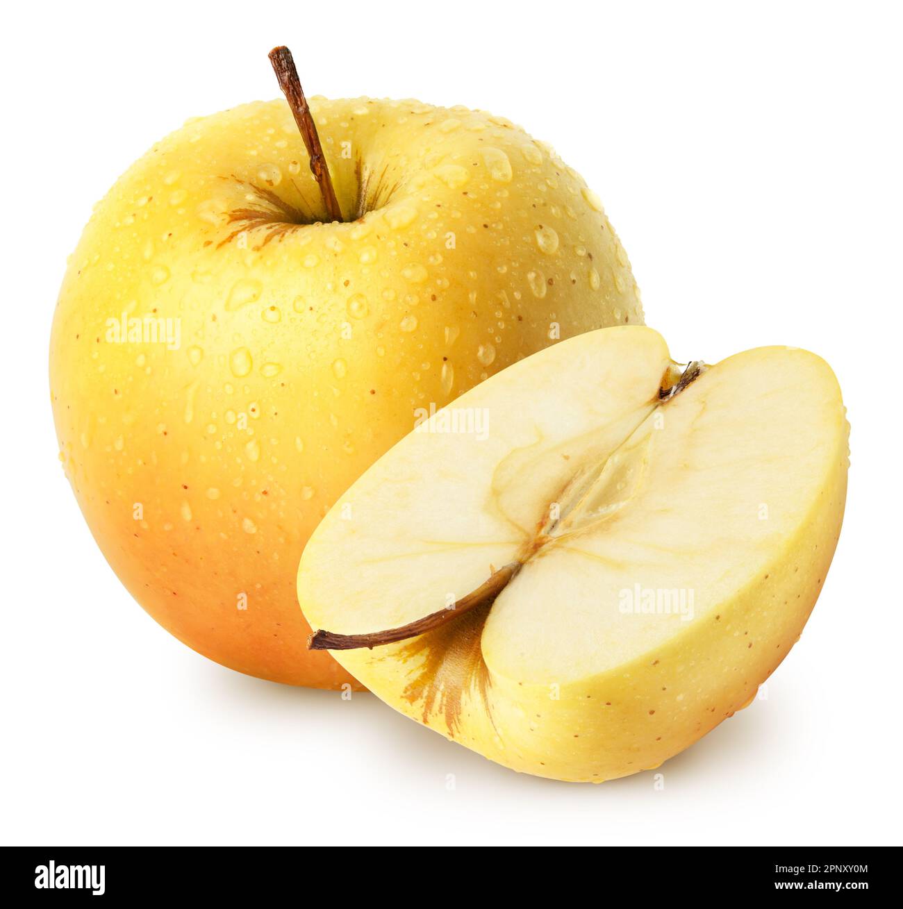 Isolated wet apples. Whole yellow (golden) apple fruit with half ...