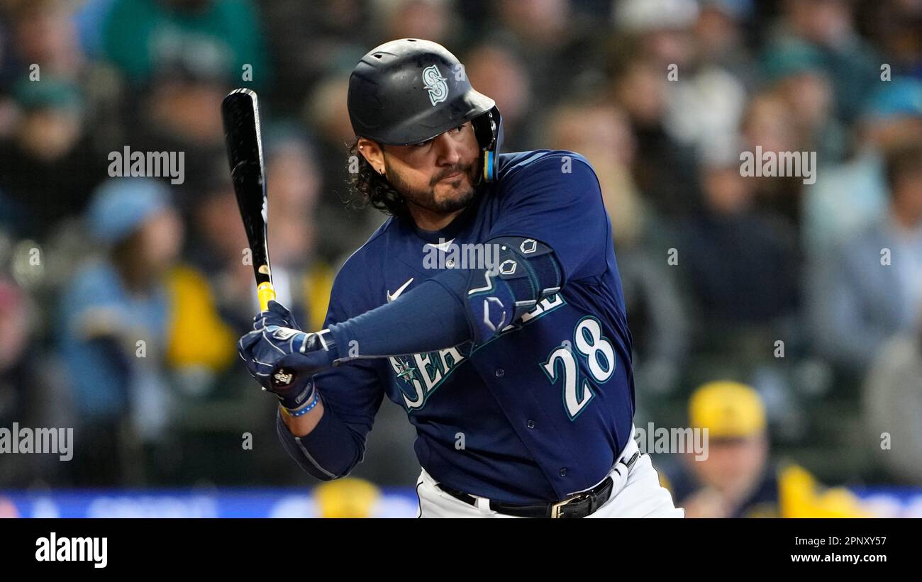 Seattle Mariners' Eugenio Suarez looks for a pitch against the ...