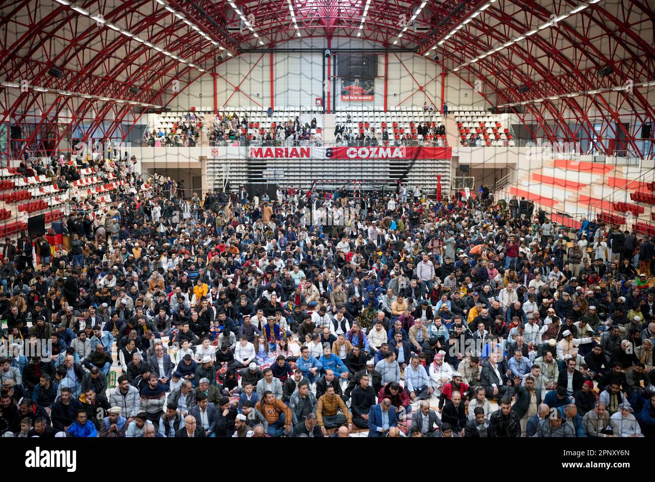 Muslims attend Eid Al-Fitr prayers in Bucharest, Romania, Friday, April ...