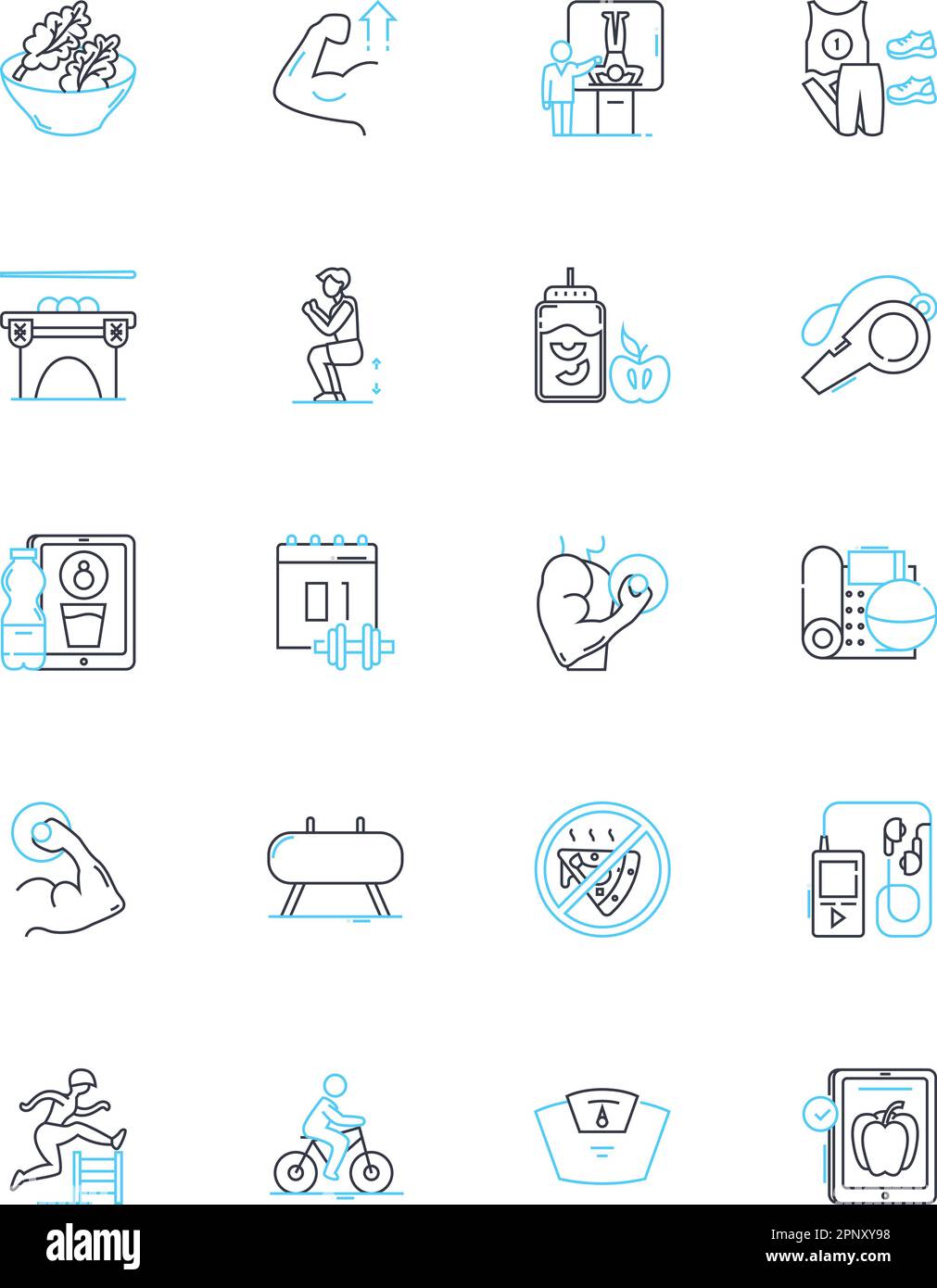 Lift weights linear icons set. Strength, Power, Fitness, Endurance, T, Muscles, Reps line vector ...