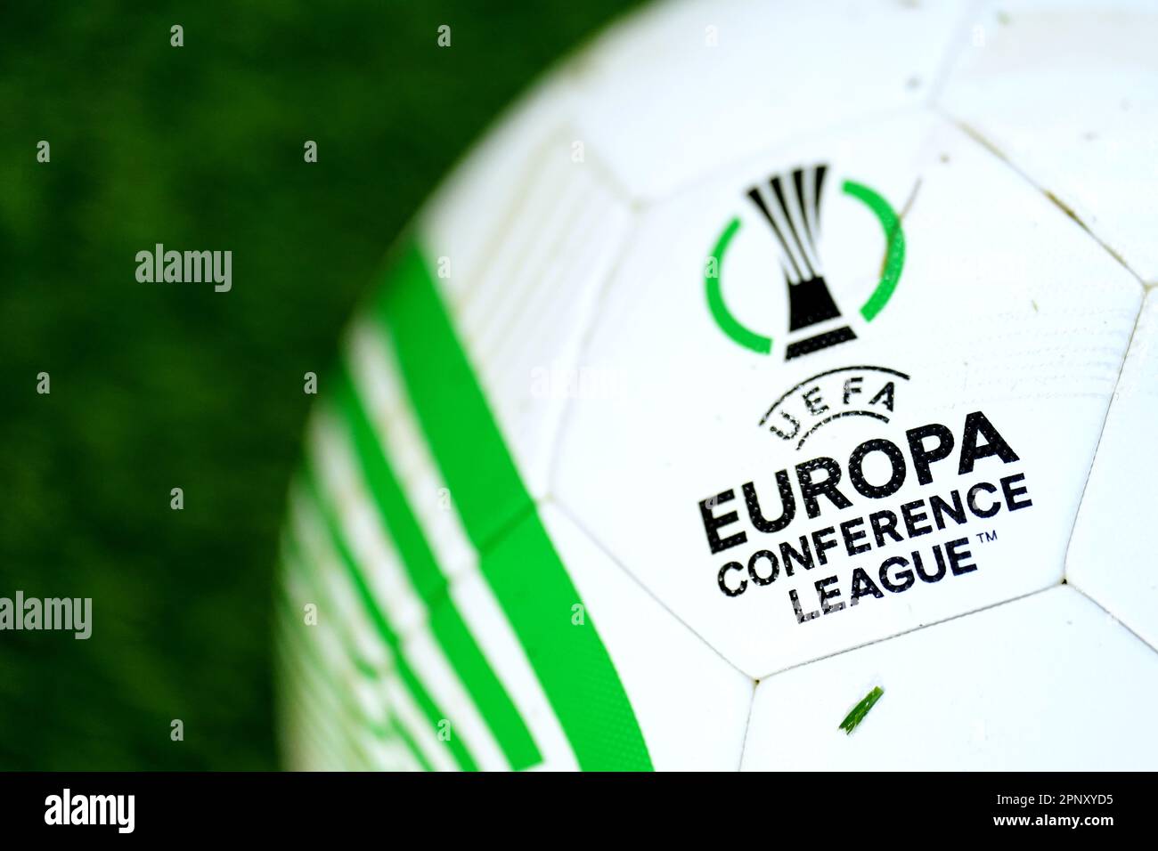 A general view of the UEFA Europa Conference League logo on a ball ...