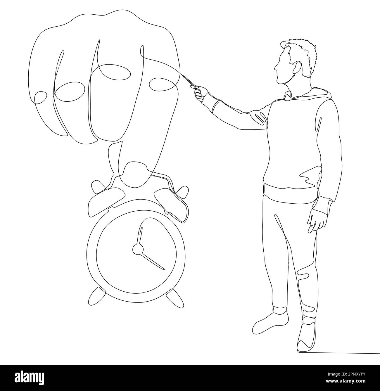 One Continuous Line Of Man Pointing At Alarm Clock Thin Line