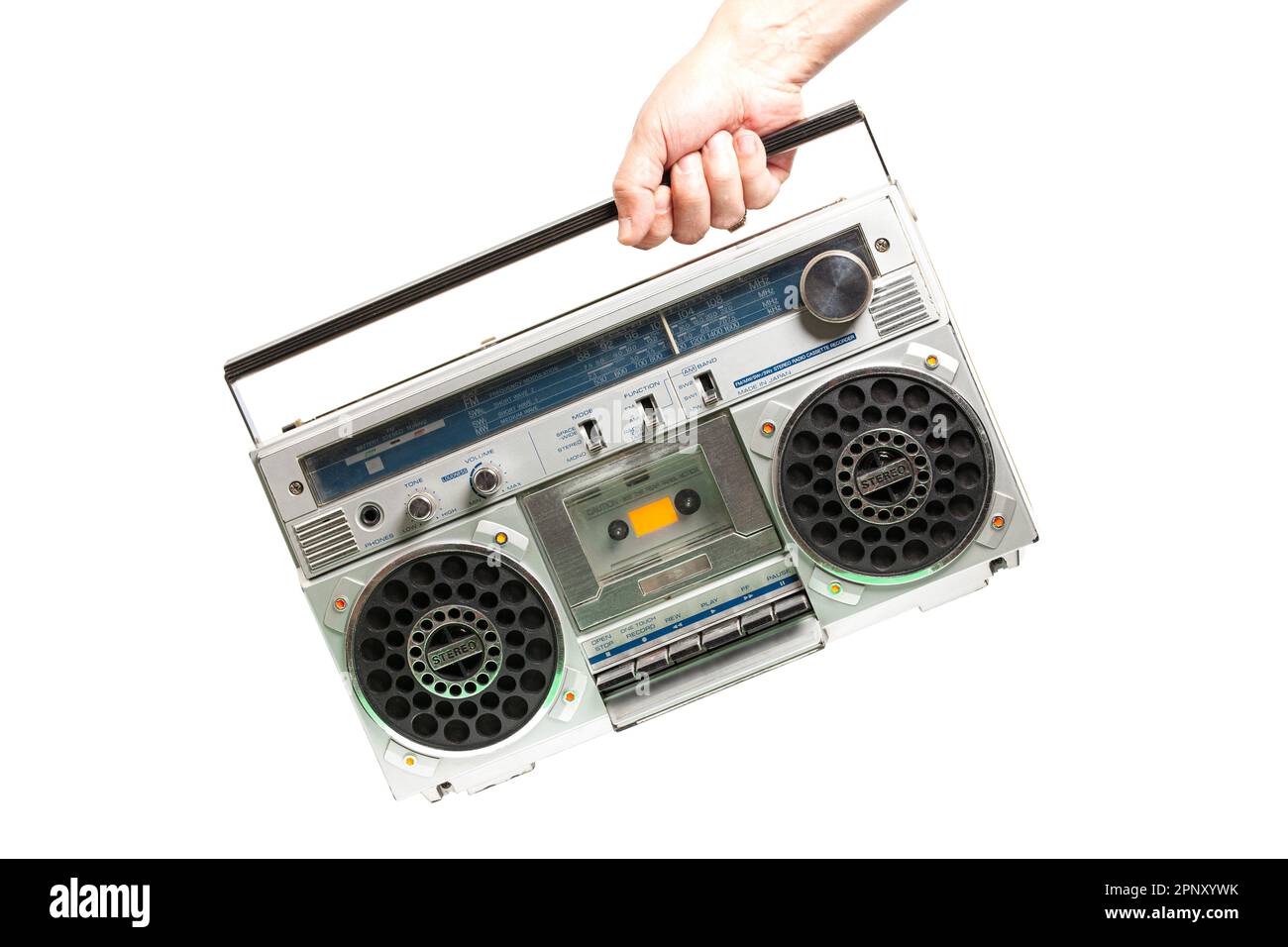 Retro ghetto radio boom box cassette recorder from 80s. in hand Stock ...