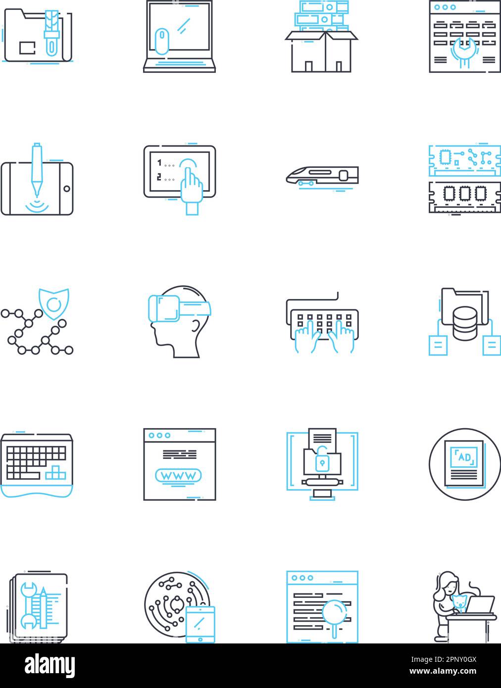 Gadget linear icons set. Smartph, Laptop, Tablet, Camera, Headphs ...
