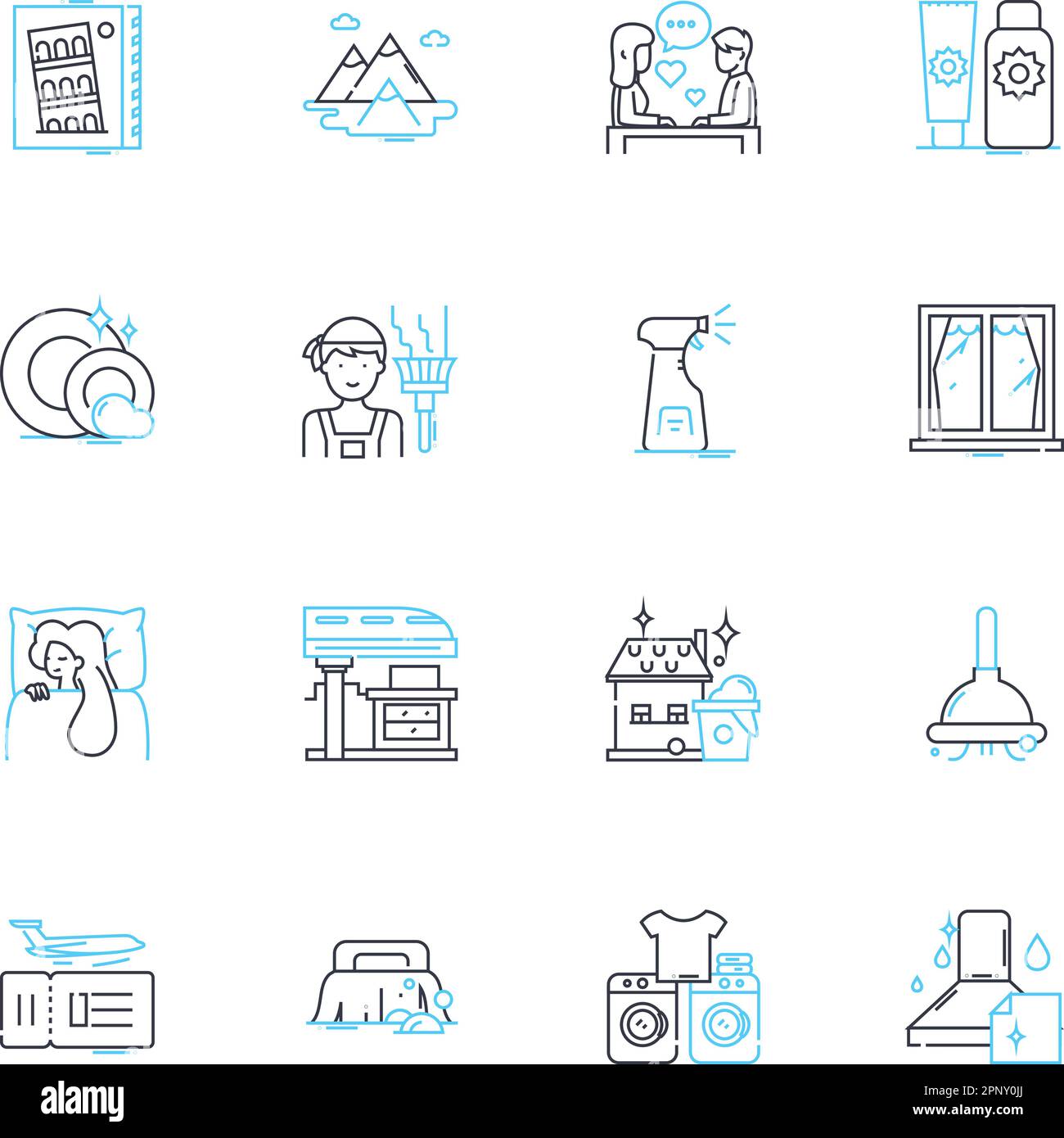 Cleaning chores linear icons set. Dusting, Sweeping, Mopping, Scrubbing ...