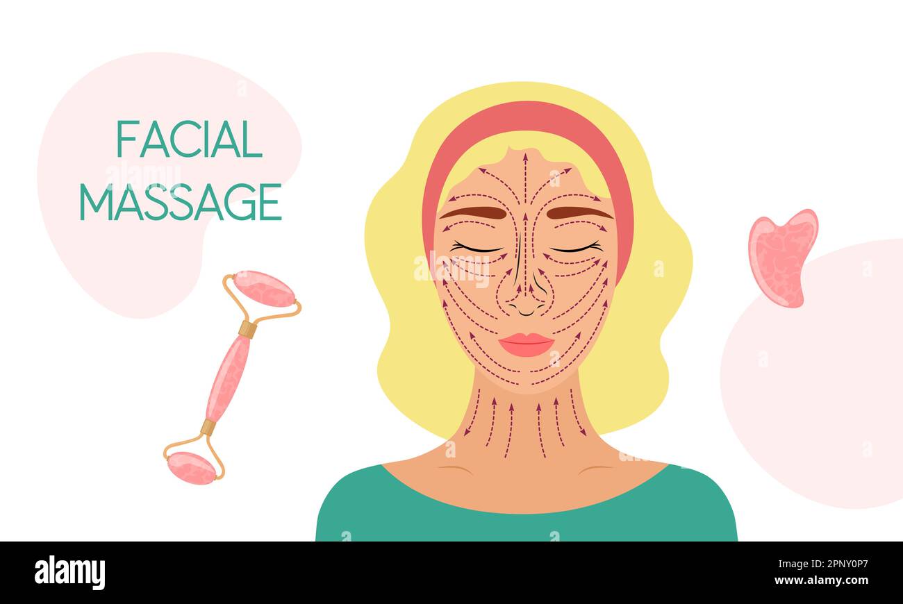 Facial Massage Lines Roller And Gua Sha Tools Vector Illustration