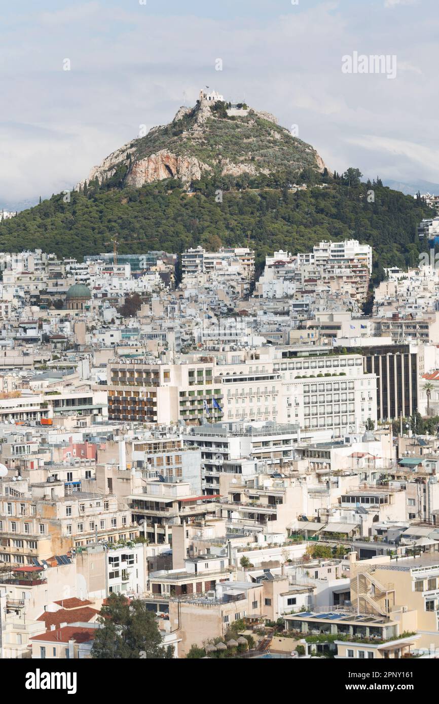 Greece, Athens, view over Athens towards Lykavittos hill from the ...
