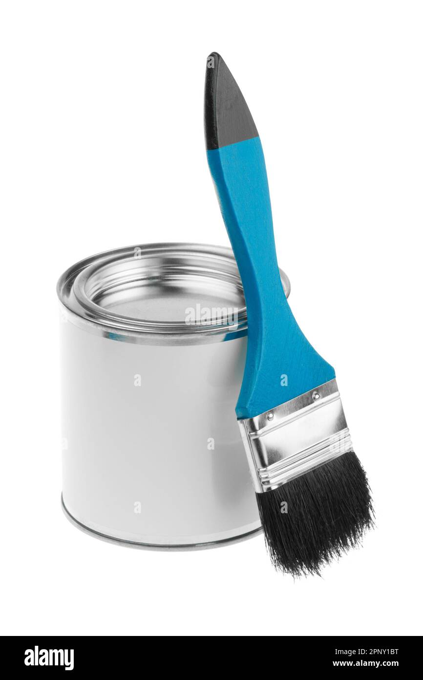 Generic white tin can with paint and a flat brush for painting walls ...
