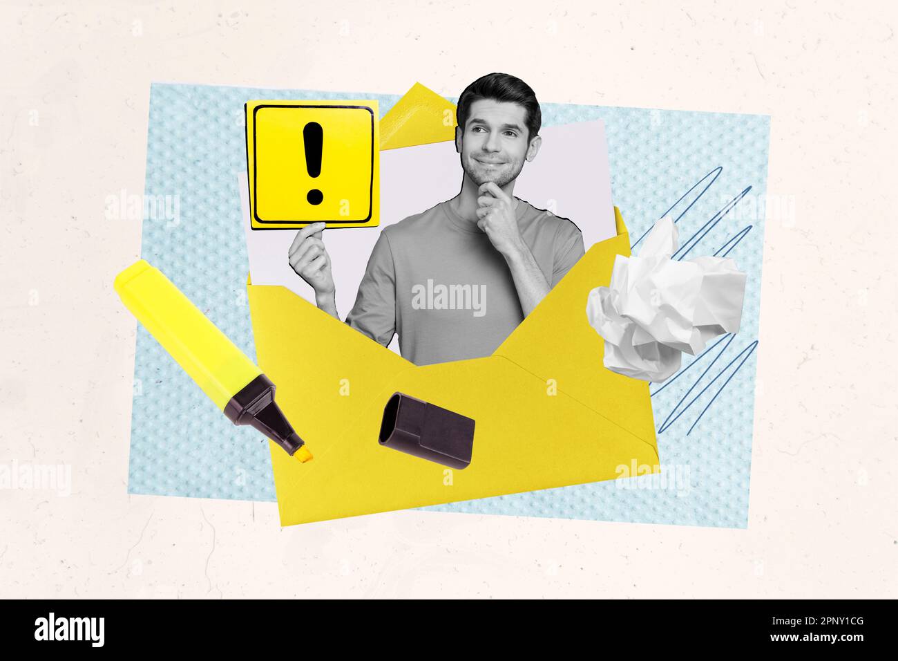 Mockup poster collage of minded guy writing postal postage letter with ...