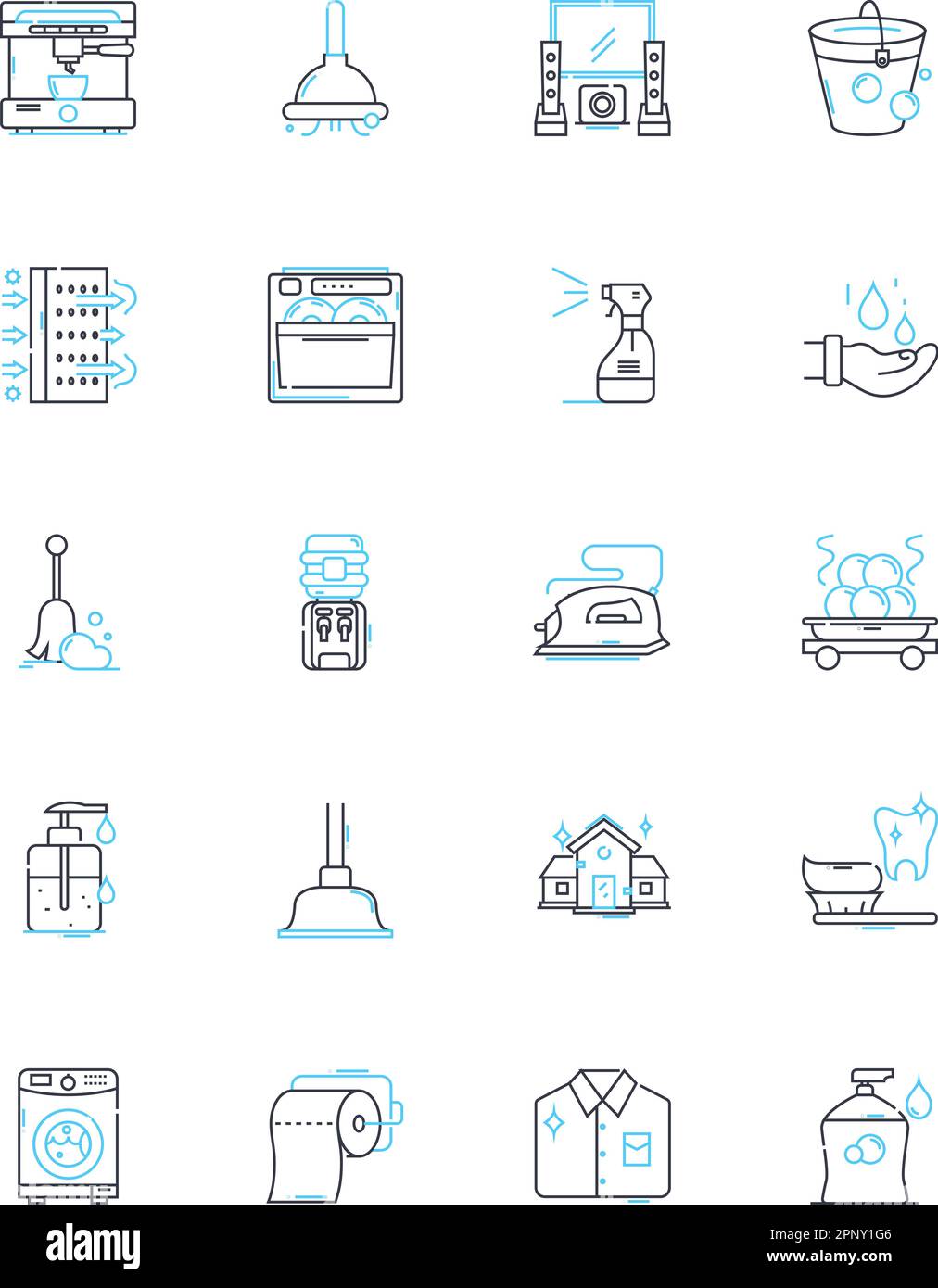 Cleaning services linear icons set. Sanitize, Disinfect, Tidy, Sweep, Scrub, Mop, Dust line ...