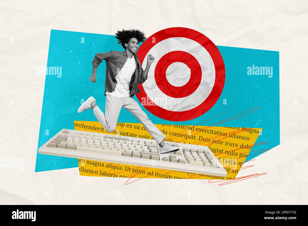 Magazine banner picture collage of young guy running fast on keypad ...