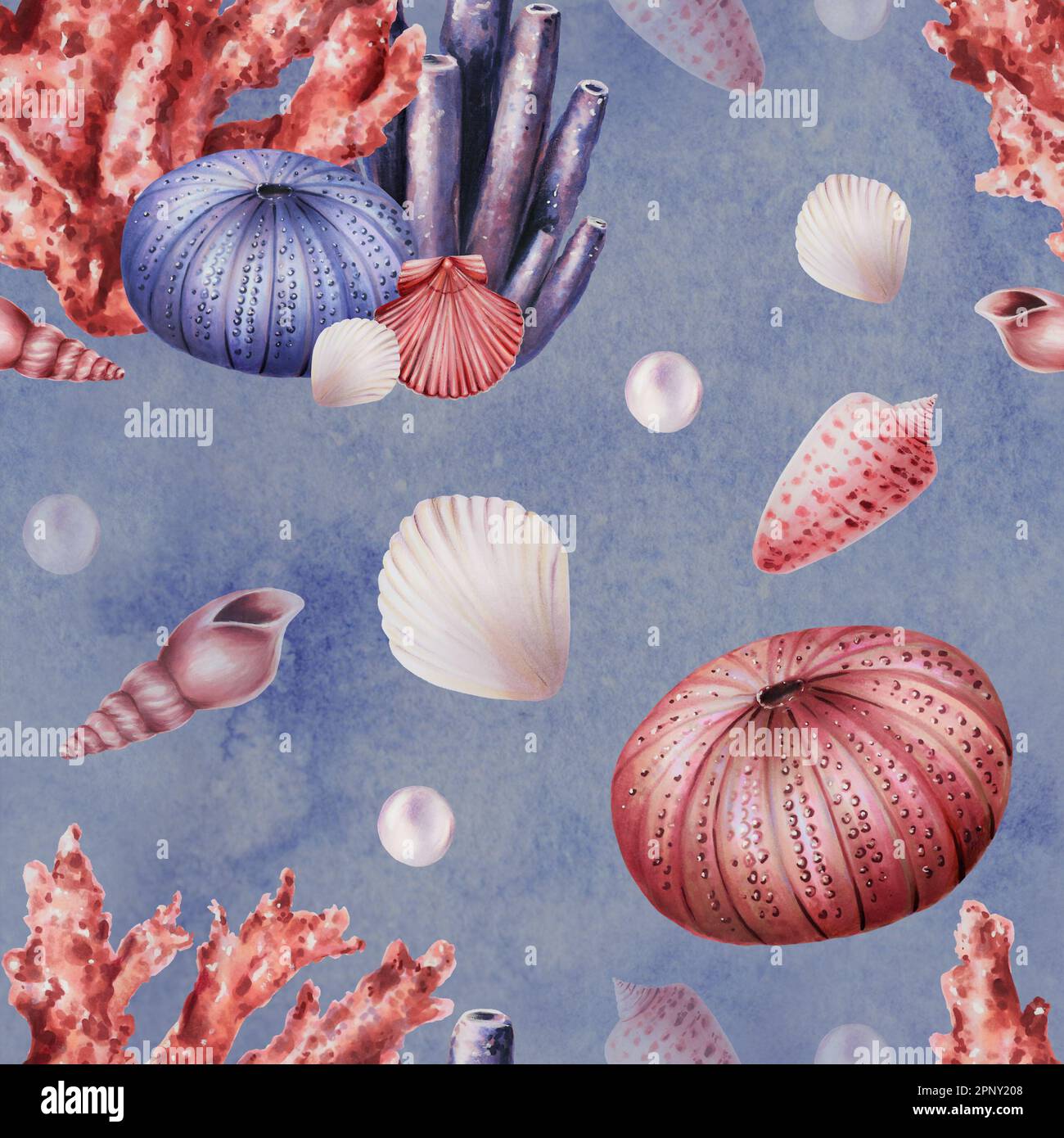 Watercolor seamless pattern with corals, urchin, shells and pearls ...
