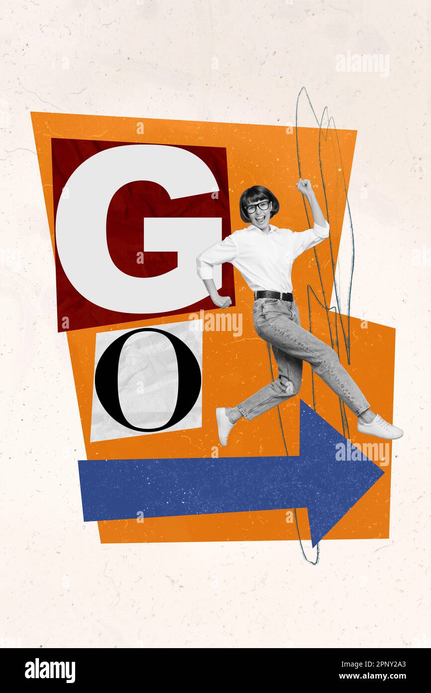 Poster banner magazine collage of entrepreneur young lady running fast ...