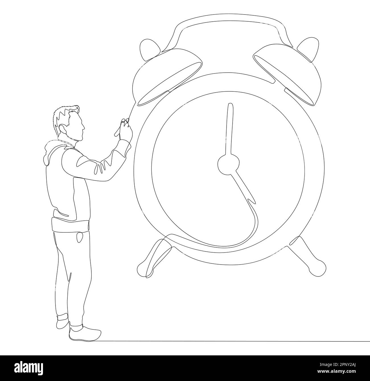 One Continuous Line Of Man Pointing At Alarm Clock Thin Line