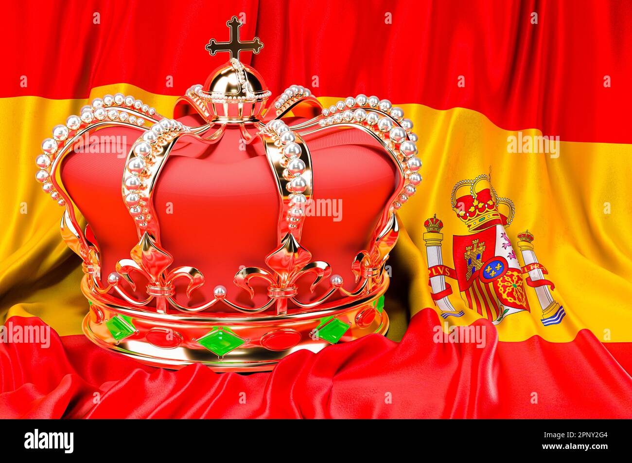 Royal golden crown with jewels on the Kingdom of Spain flag background ...