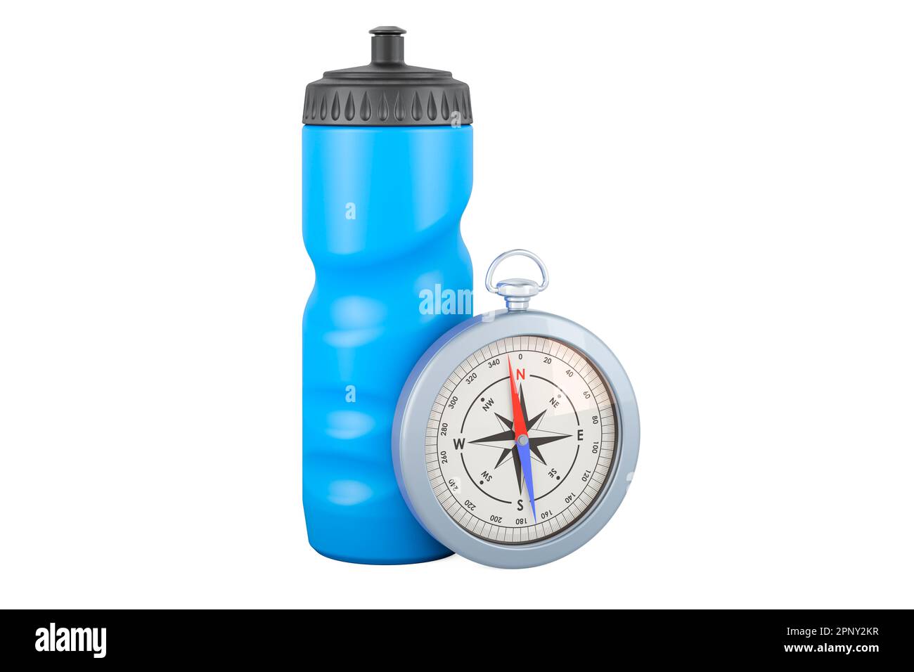 Plastic sport water bottle with compass, 3D rendering isolated on white ...