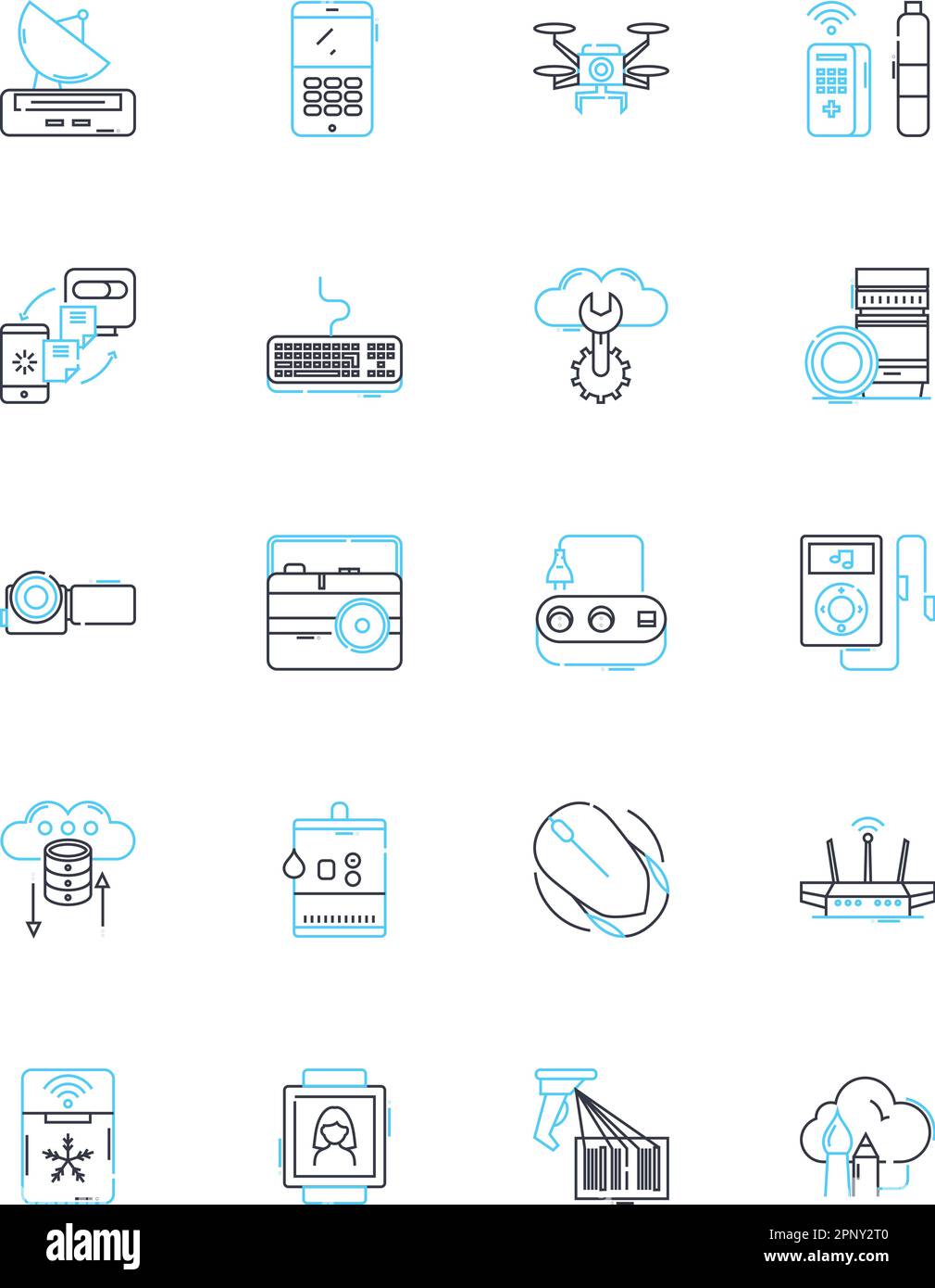 Electronic workplaces linear icons set. Digitized, Automated, Electronically-connected ...