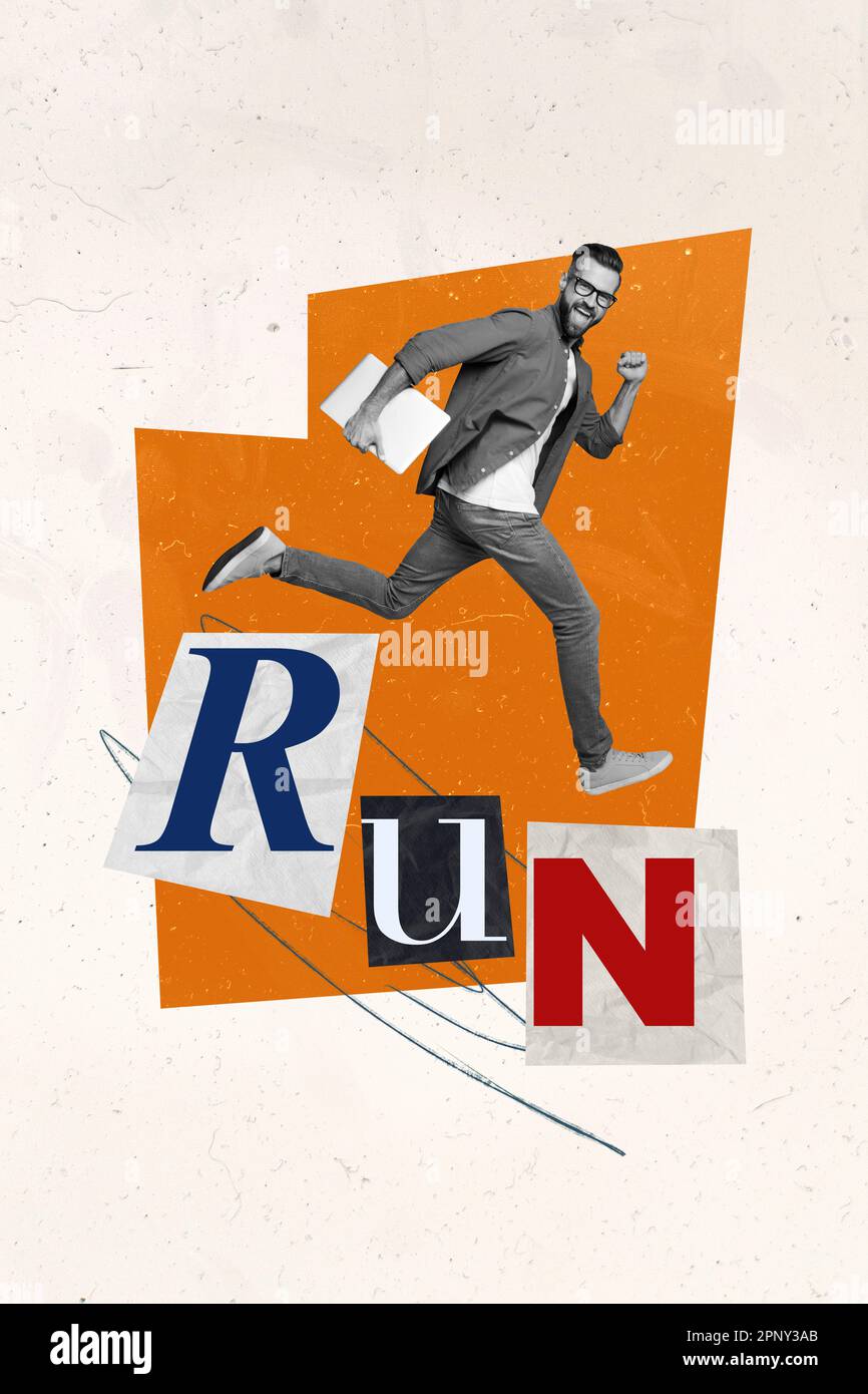 Magazine collage image of entrepreneur marketer guy with laptop running ...