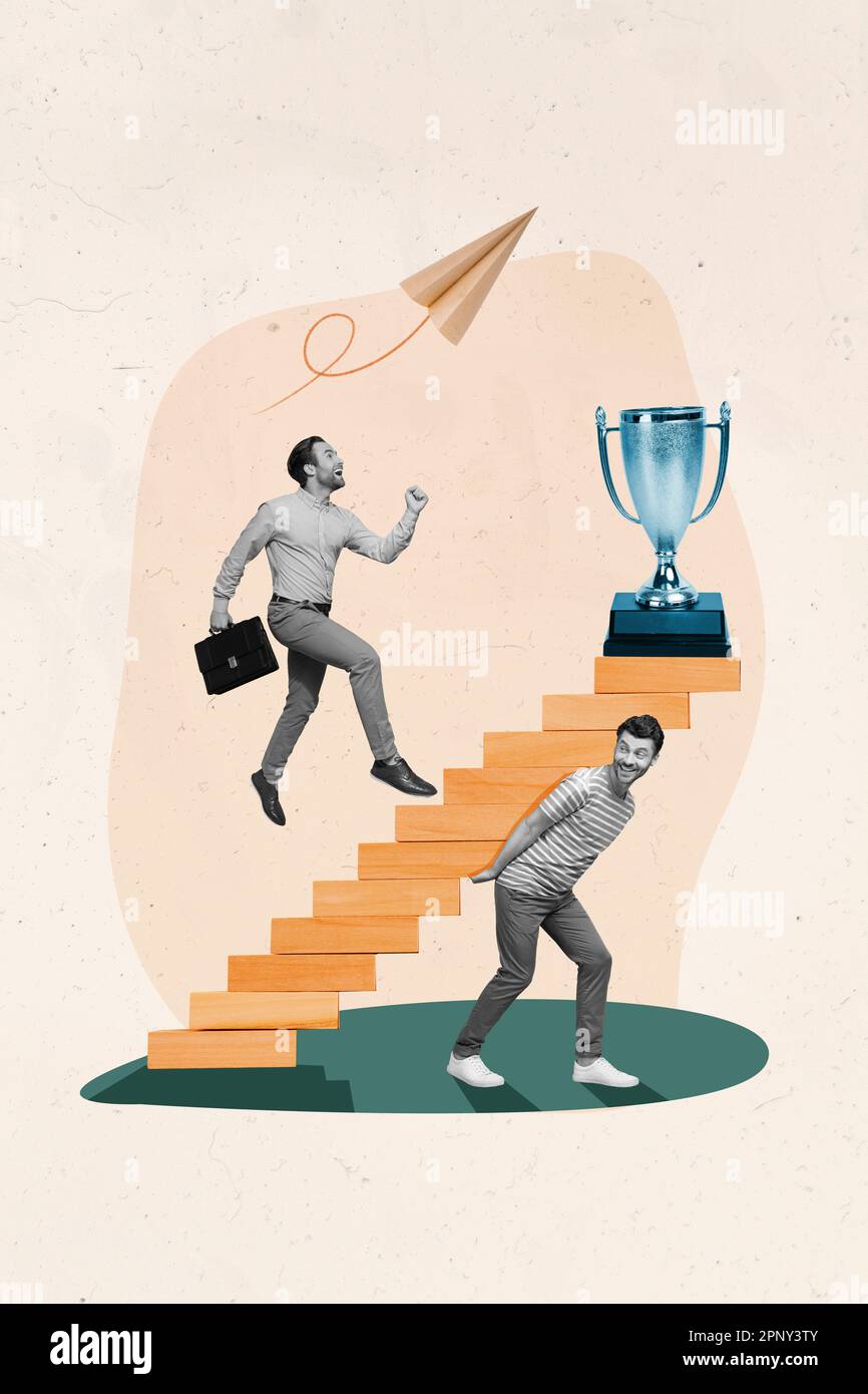 Magazine template collage of two people overcome career challenge one ...