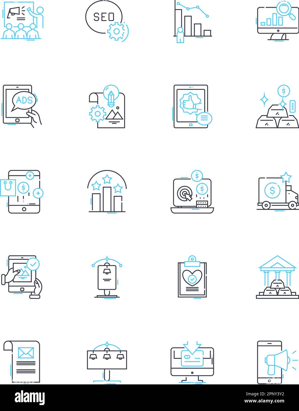 News review linear icons set. Current, Relevant, Timely, Engaging ...