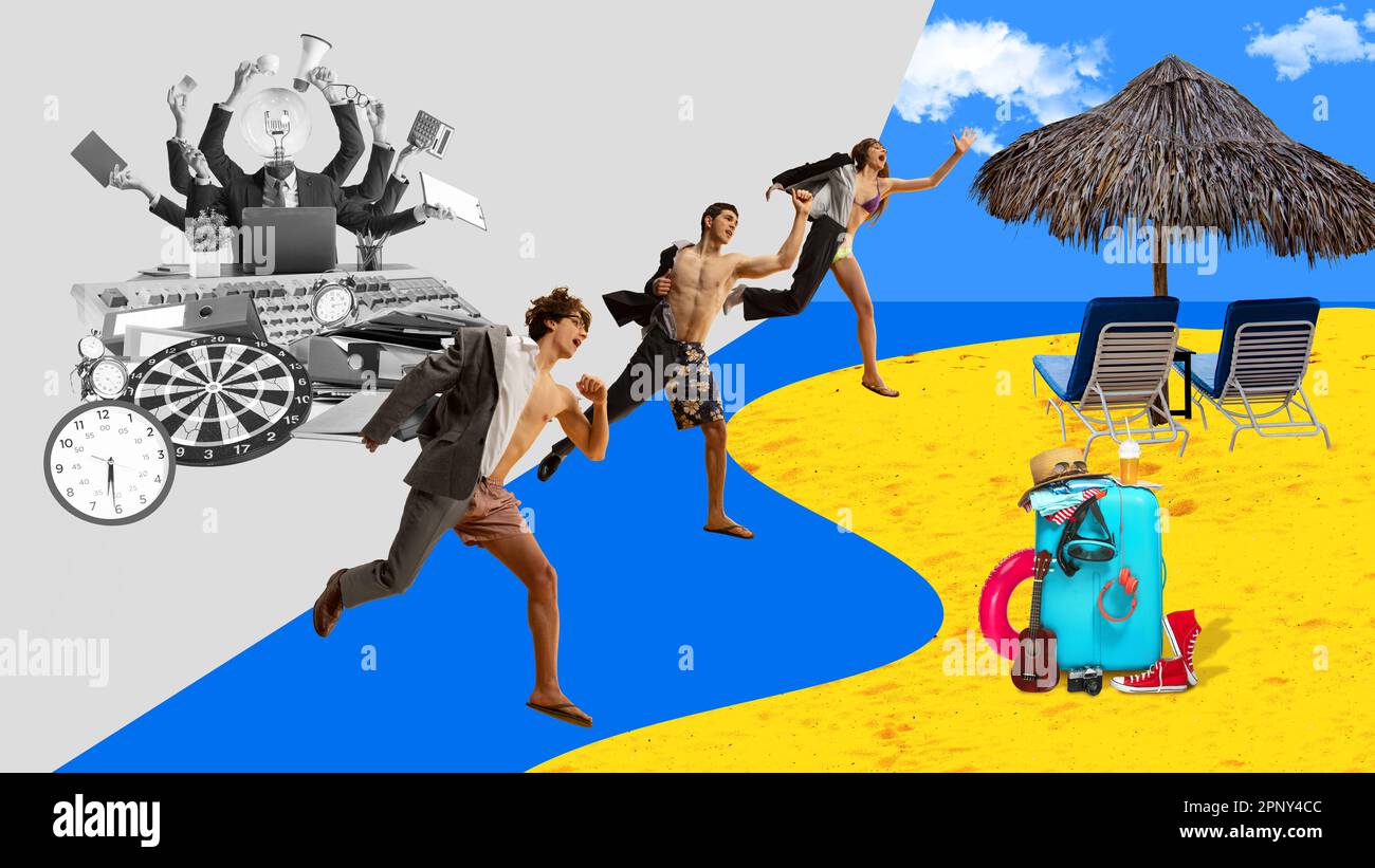 Motivated employees, office workers running out from office to summer ...