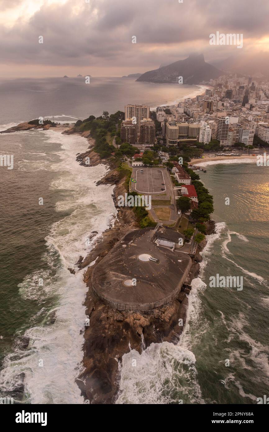 Beautiful aerial view to Copacabana Fort, city buildings and ocean ...