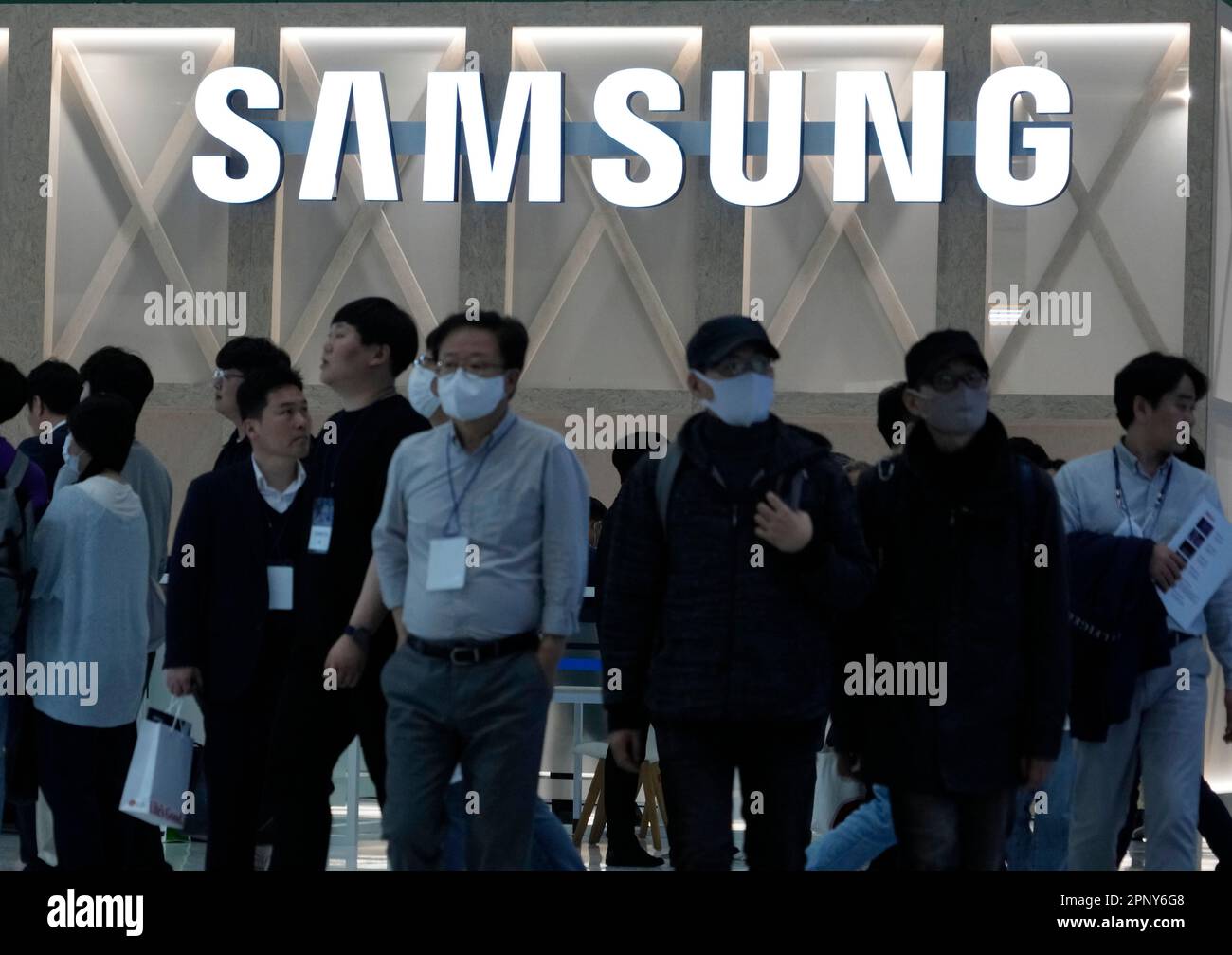 A logo of Samsung Electronics Co. is seen at the World IT Show 2023 at ...