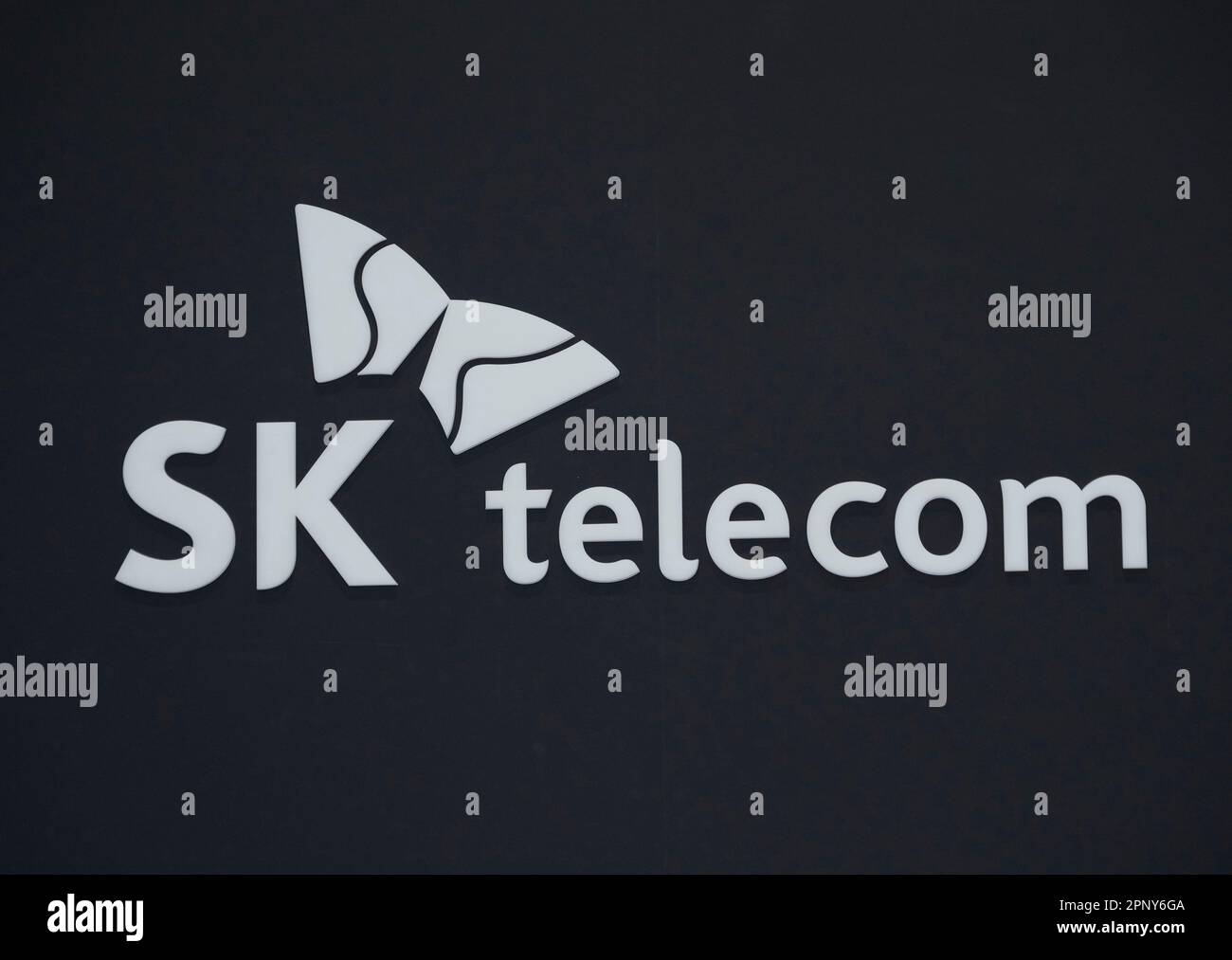 A logo of SK Telecom is seen at the World IT Show 2023 at COEX in Seoul ...