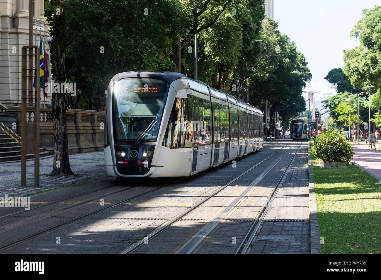 Beautiful view to modern tram in historic downtown Stock Photo - Alamy