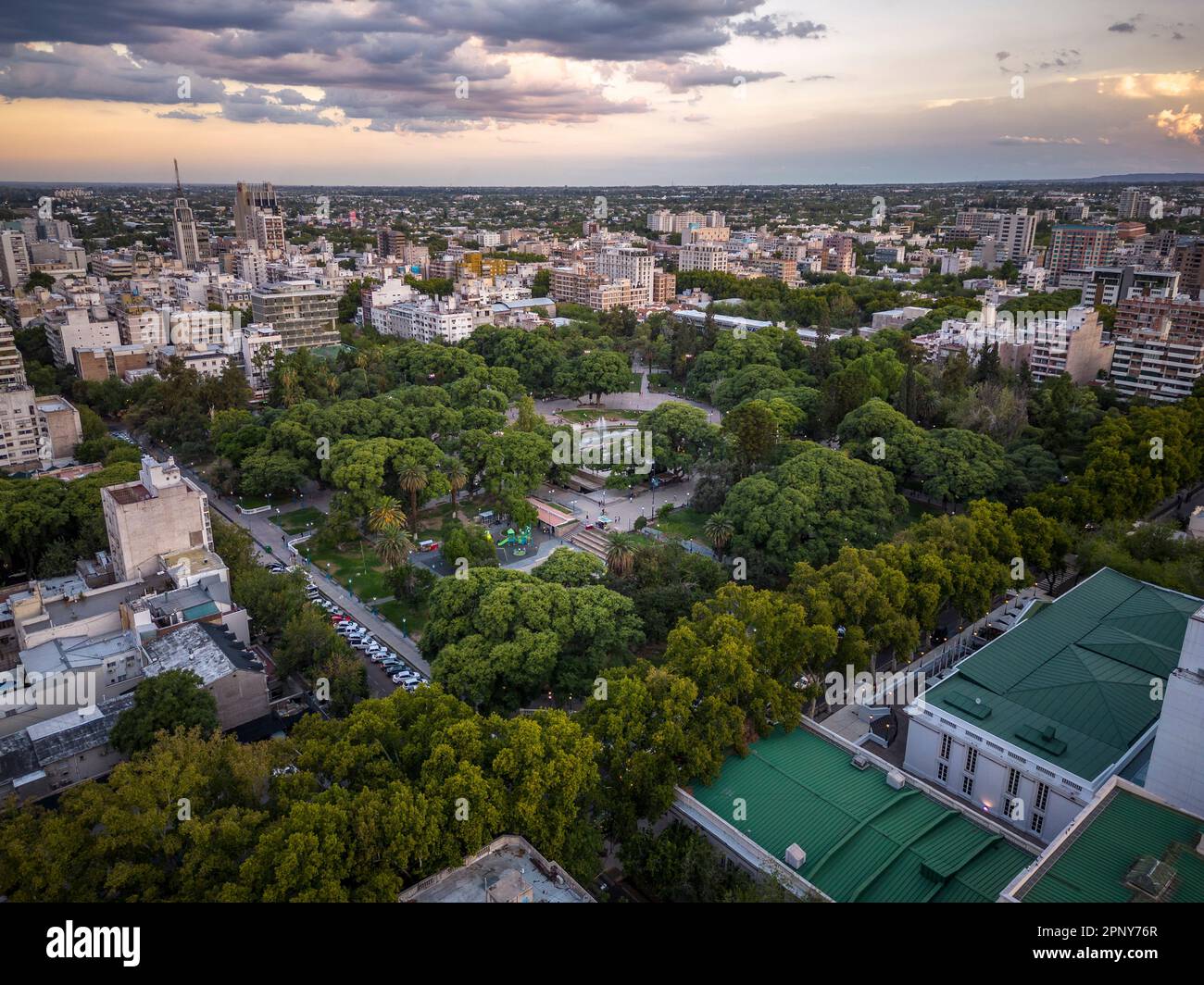 Beautiful aerial view to city buildings and green public square Stock ...