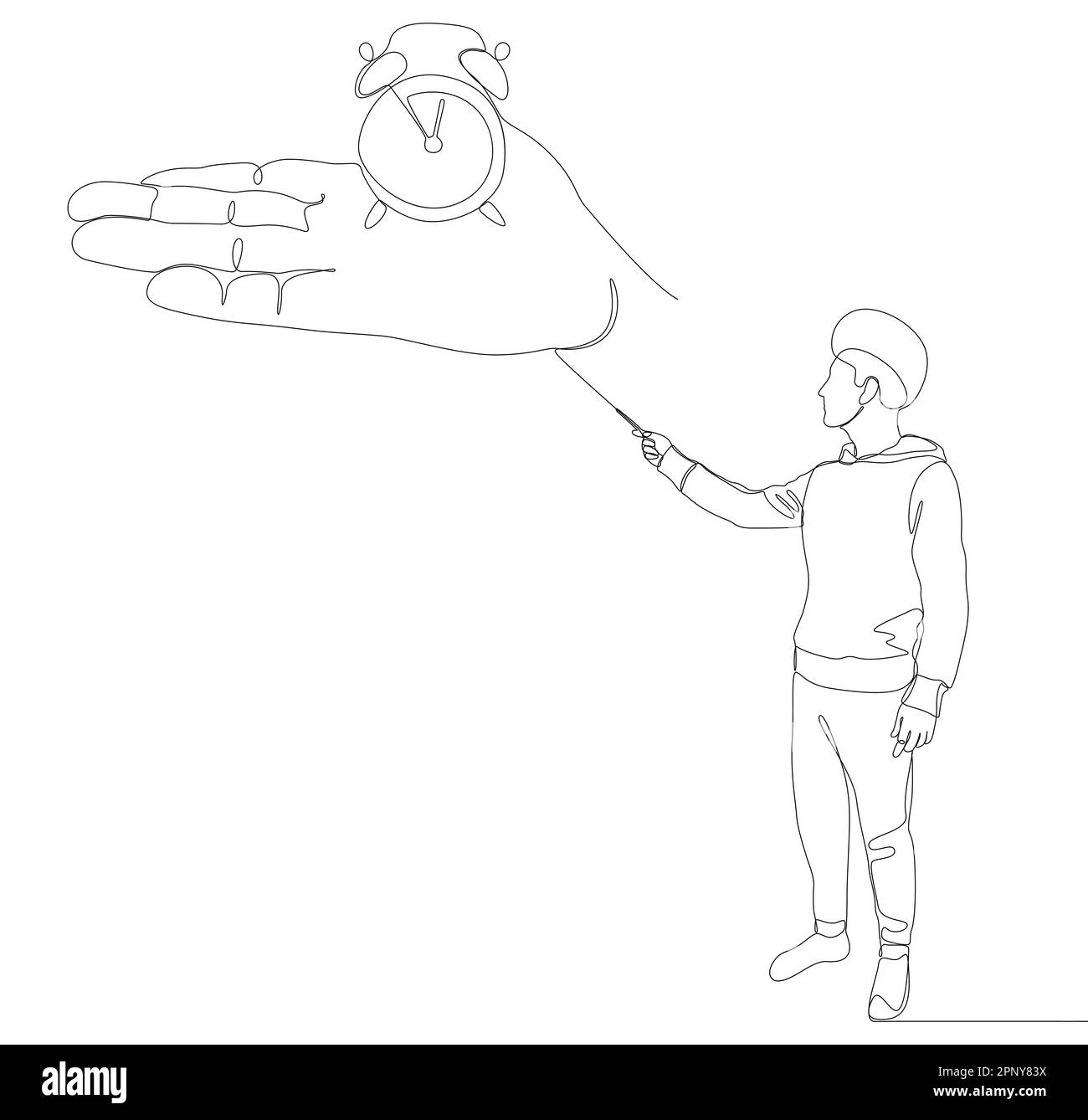 One Continuous Line Of Man Pointing At Alarm Clock Thin Line