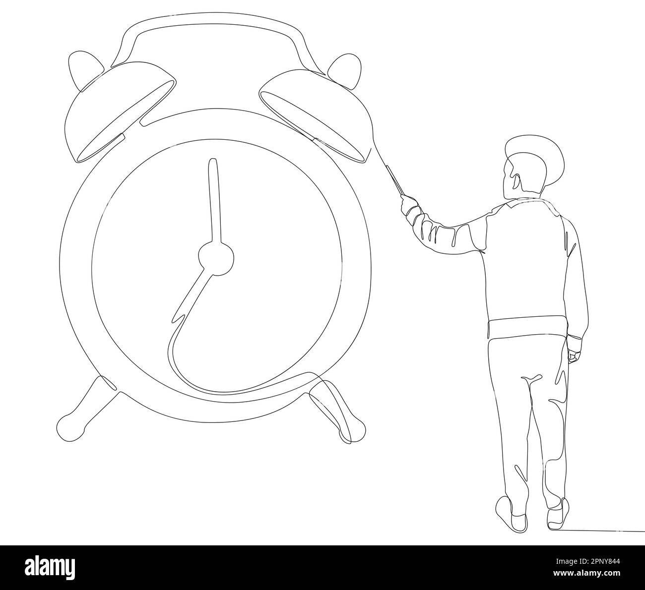 One continuous line of Man pointing at Alarm Clock. Thin Line ...