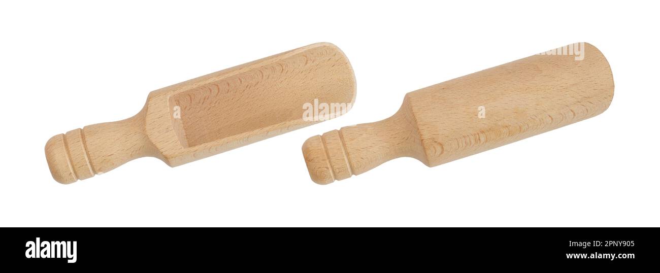 Wooden measuring scoop spoon front and back top view isolated on white ...