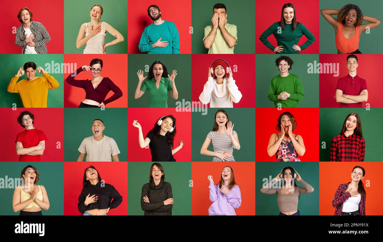 Collage with young ethnically diverse people, men and women laughing ...