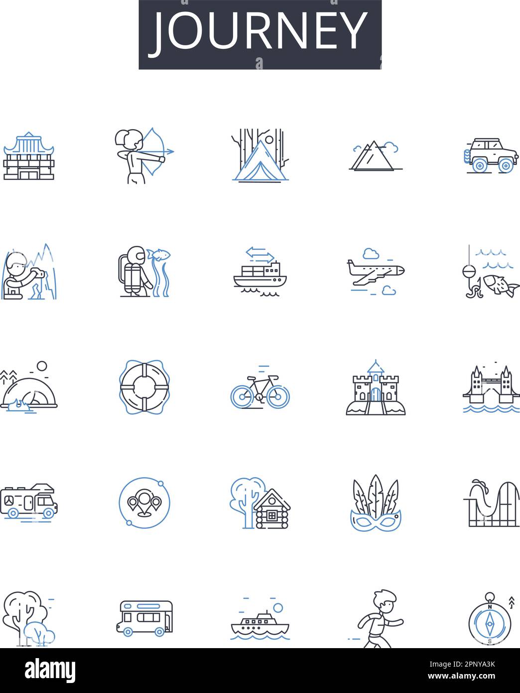 Journey line icons collection. Adventure, Voyage, Excursion, Passage ...