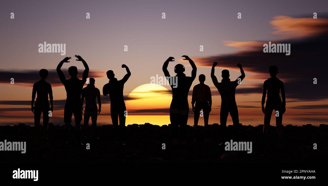 silhouette of young people cheering on the beach at sunset - 3D ...