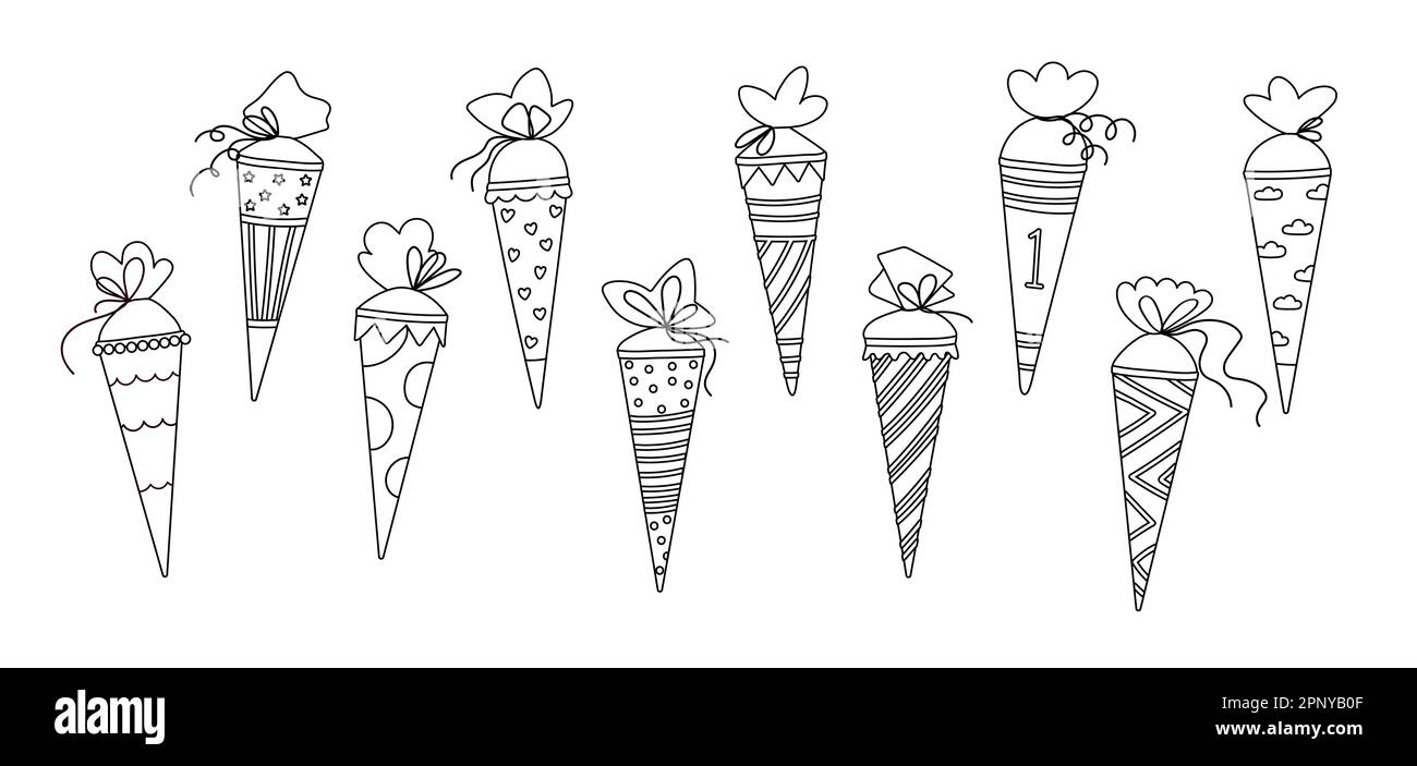 Set of candy,school cones for first grader in germany.Line vector ...