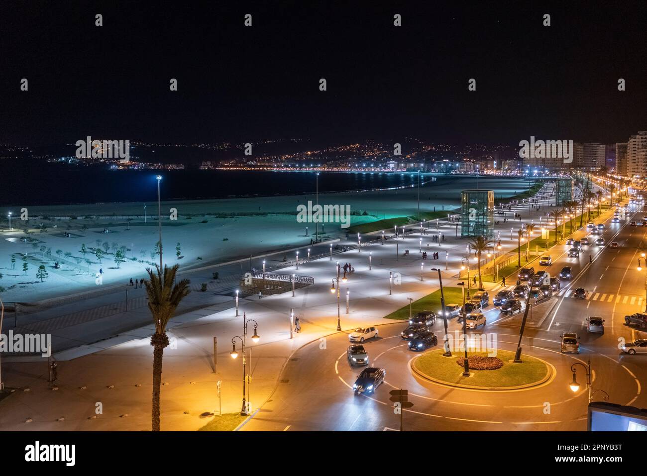 Coastline with Tangier city at night illuminated, Tangier, Morocco ...