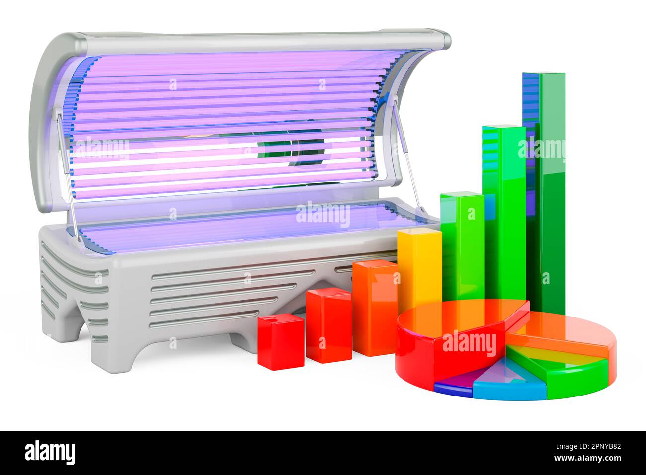 Tanning Bed with growth bar graph and pie chart. 3D rendering isolated ...