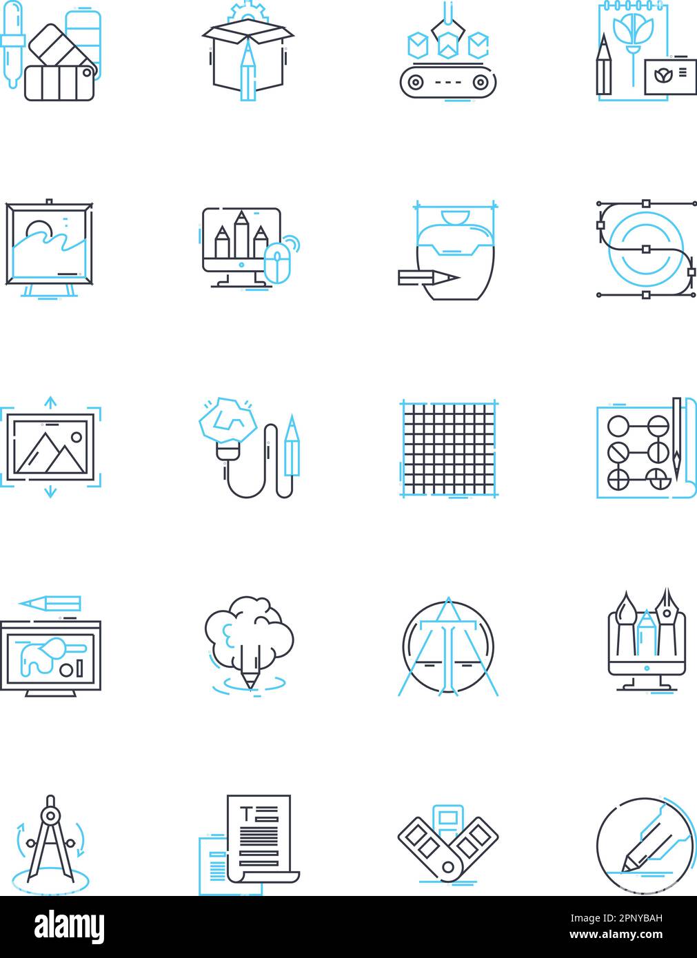 Virtual processing linear icons set. Digitization, Automation, Interactivity, Simulation ...