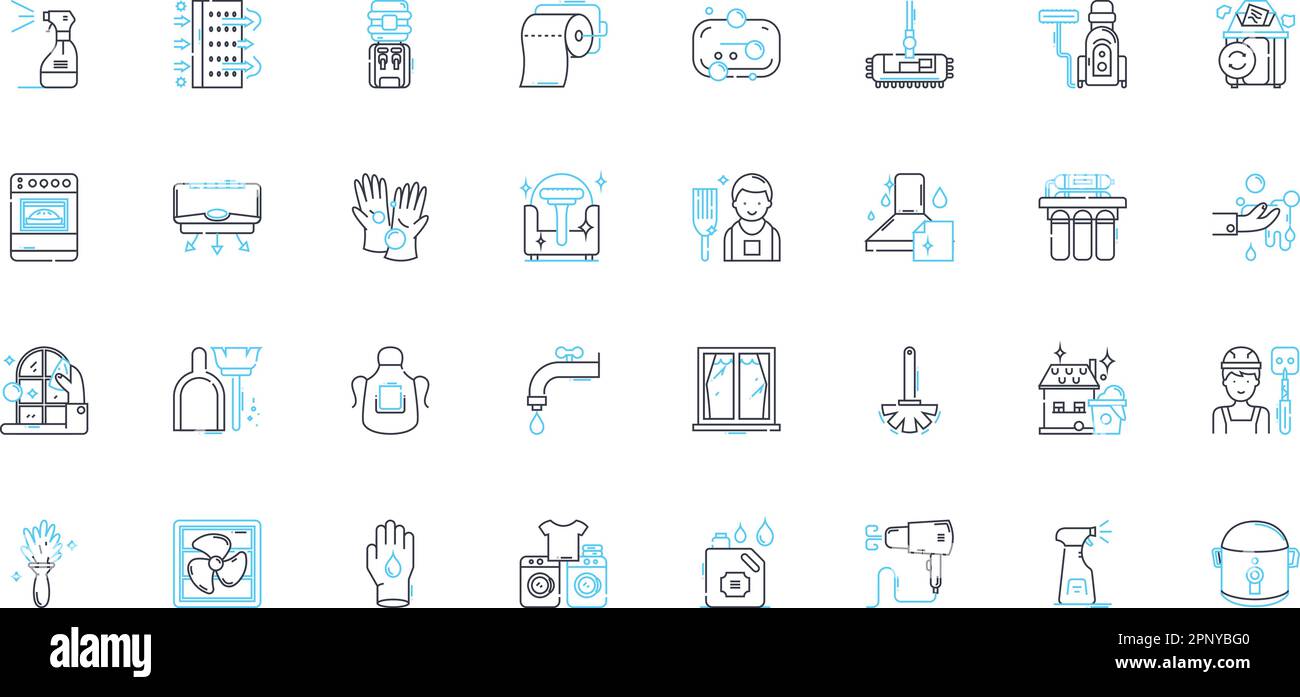 Cleaning services linear icons set. Sanitize, Disinfect, Tidy, Sweep, Scrub, Mop, Dust line ...