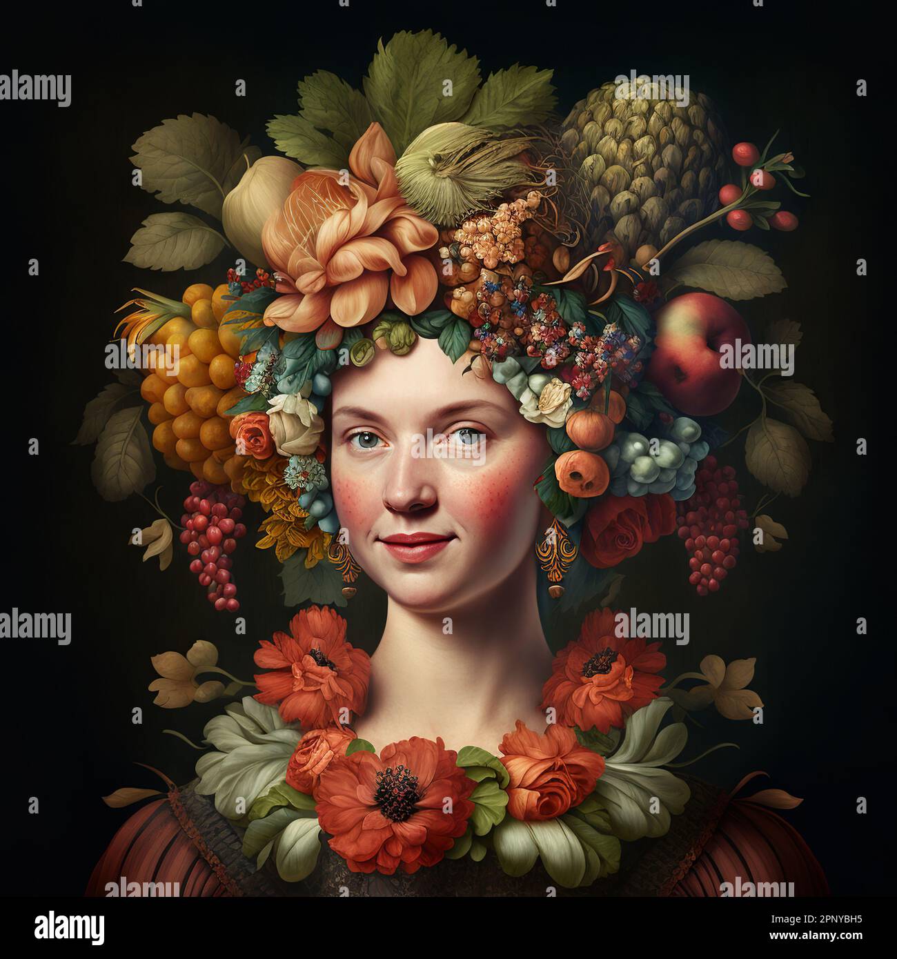 Lifestyle choice, female face covered with fresh vegetables, fruit, and ...