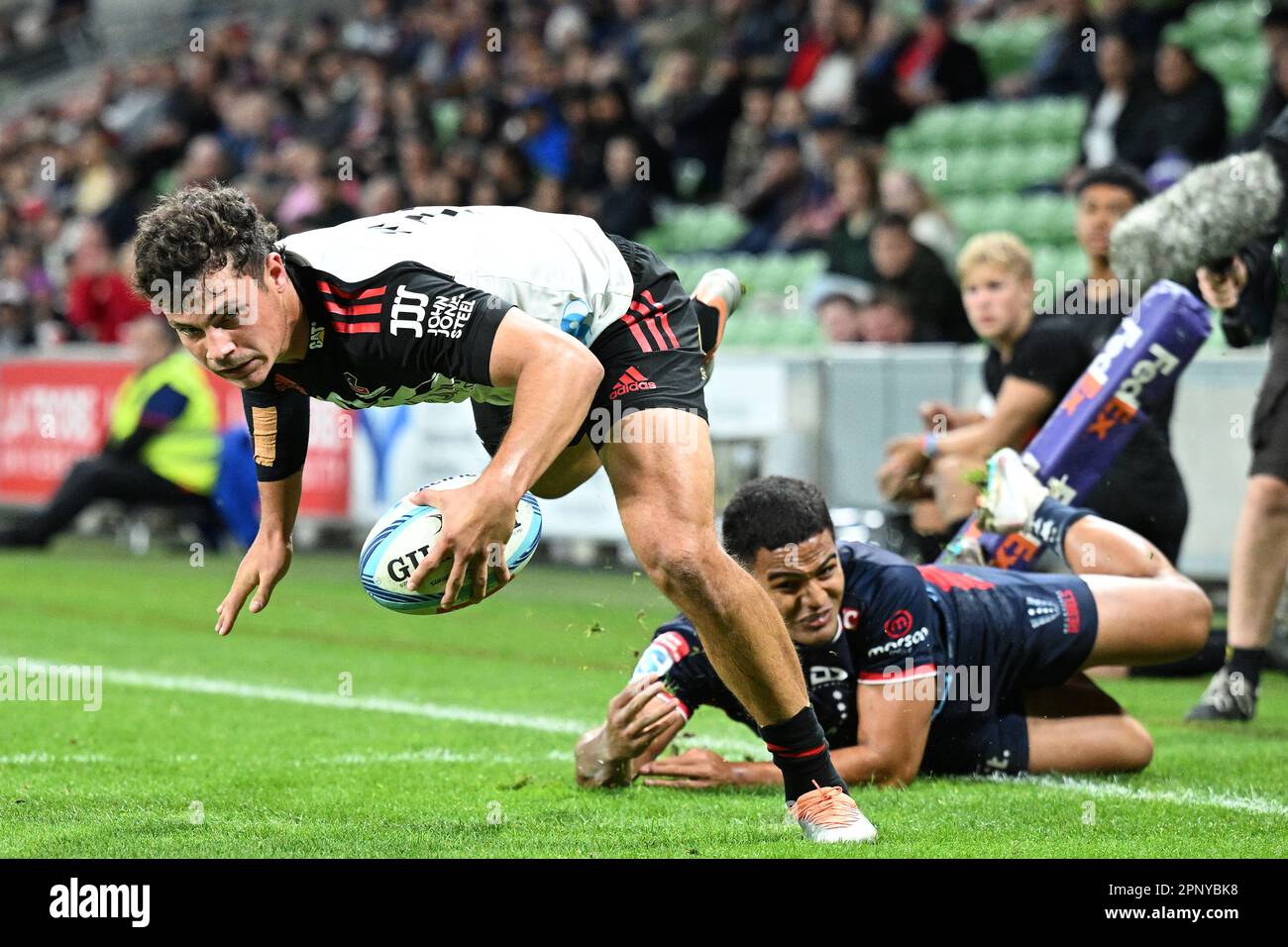 Macca Springer of the Crusaders scores a try during the Super Rugby ...