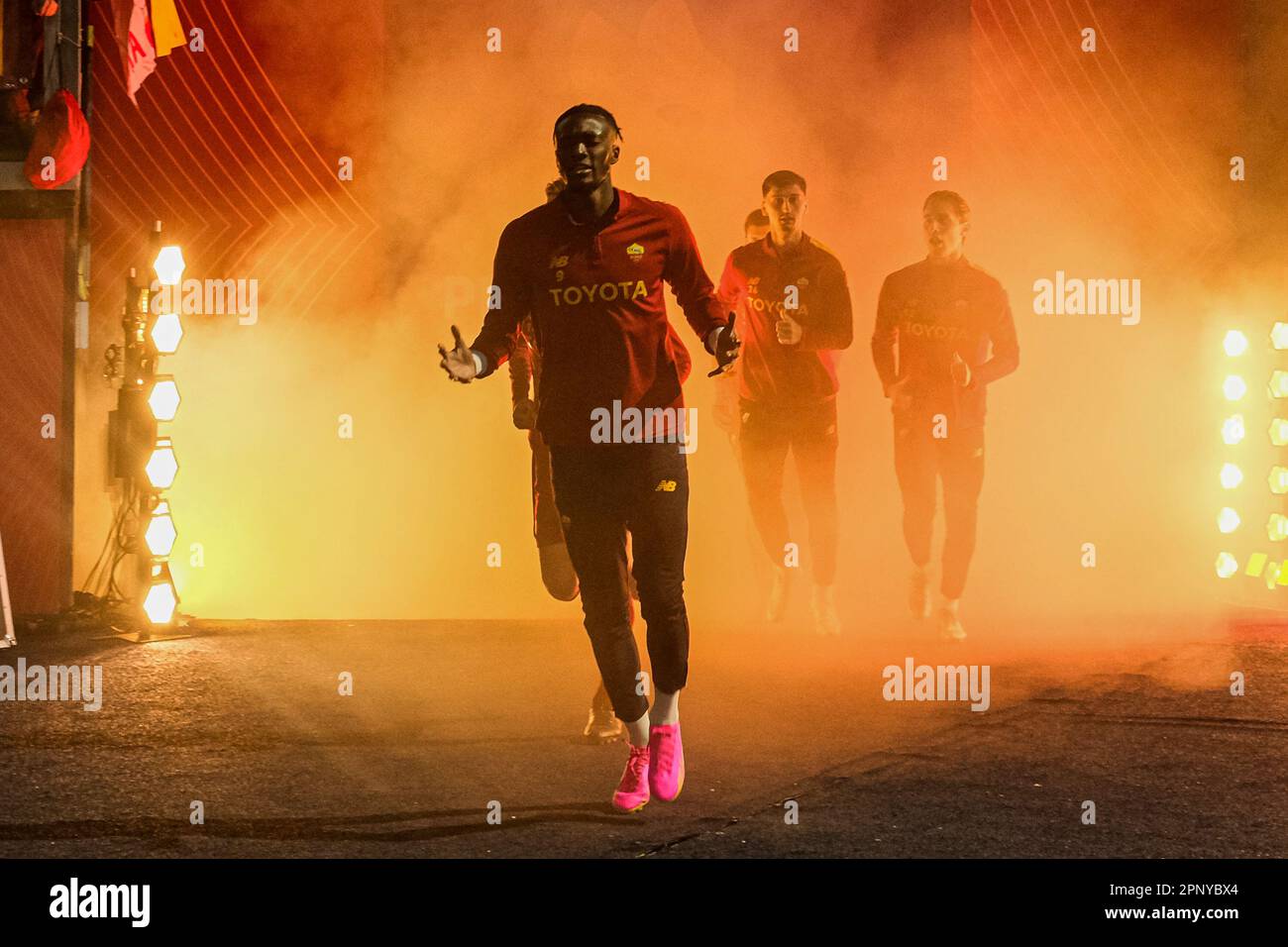 Roma's English forward Tammy Abraham enter the field for warm-up before ...