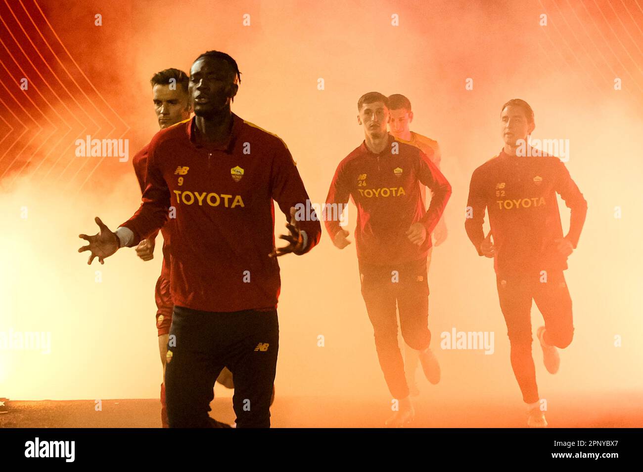 Roma's English forward Tammy Abraham enter the field for warm-up before ...