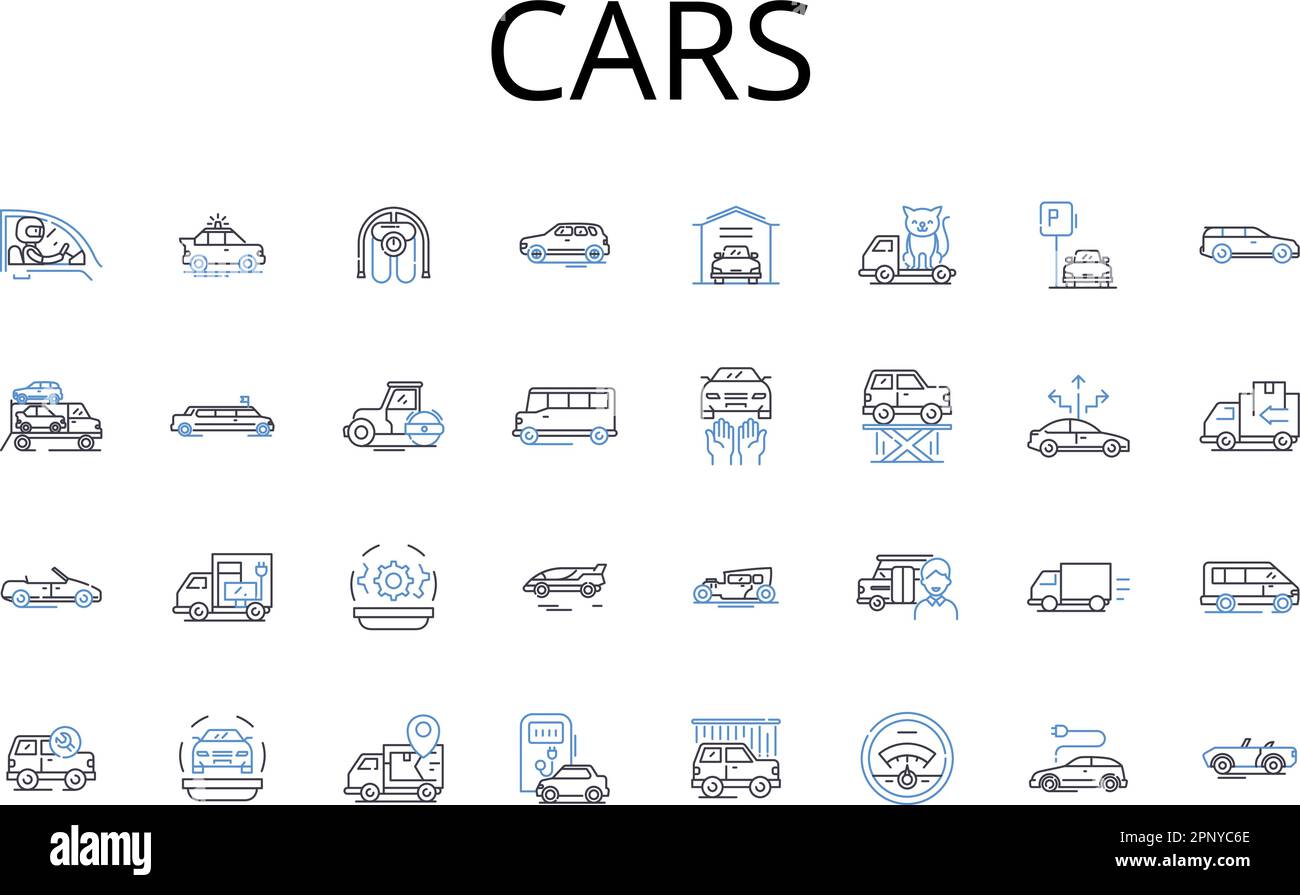 Cars line icons collection. Boats, Vans, Planes, Trucks, Cycles, Buses ...