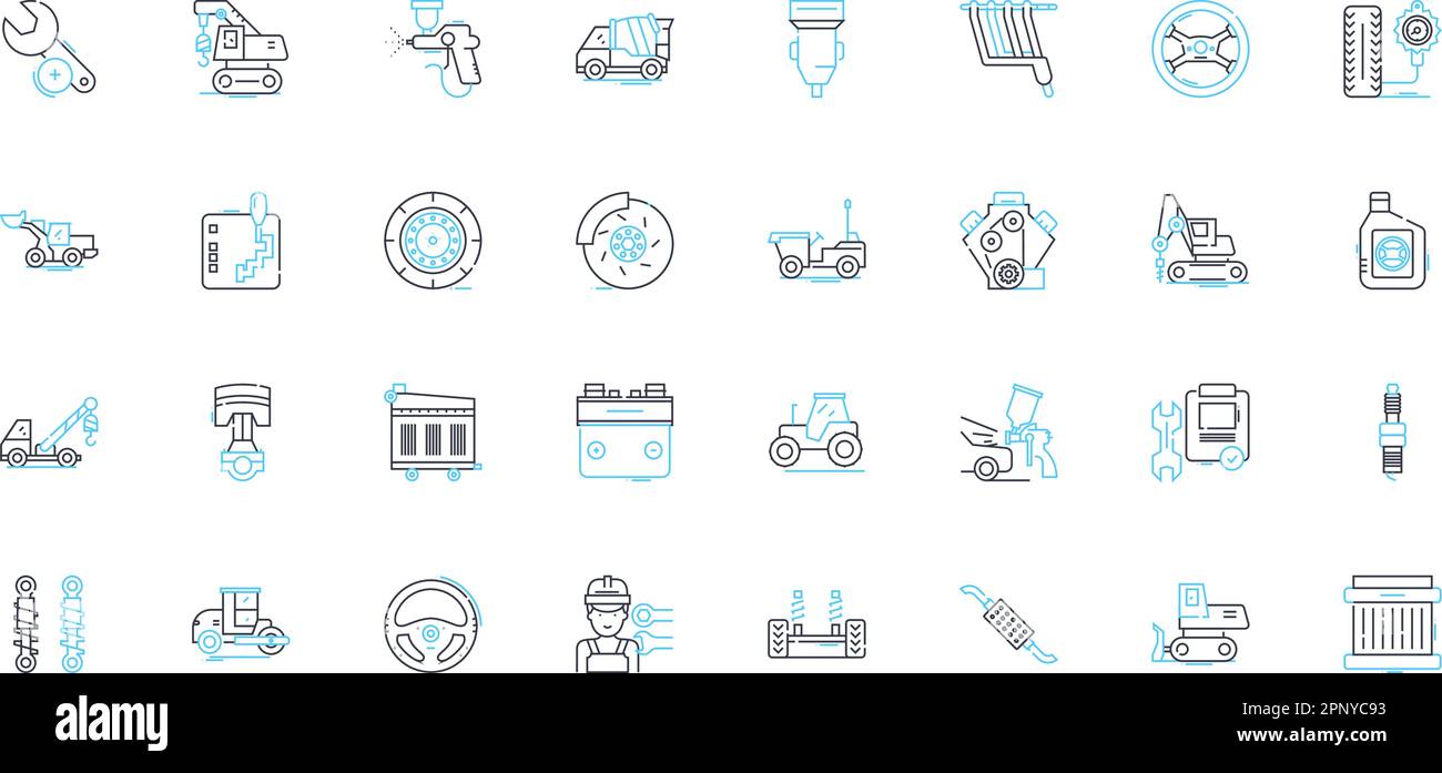 Vehicle maintenance linear icons set. Oil, Filter, Battery, Brakes ...