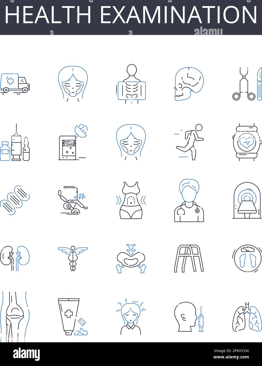 Health examination line icons collection. Dental checkup, Eye exam ...