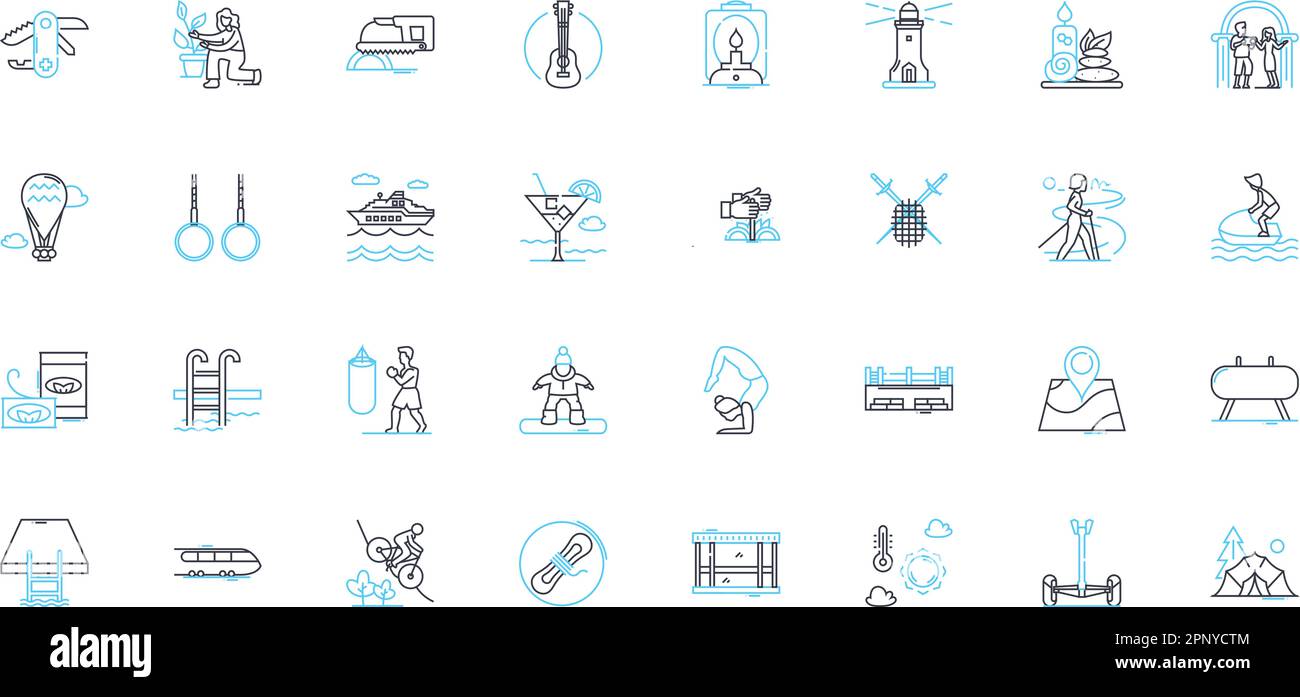 Leisure market linear icons set. Entertainment, Travel, Adventure, Recreation, Relaxation ...
