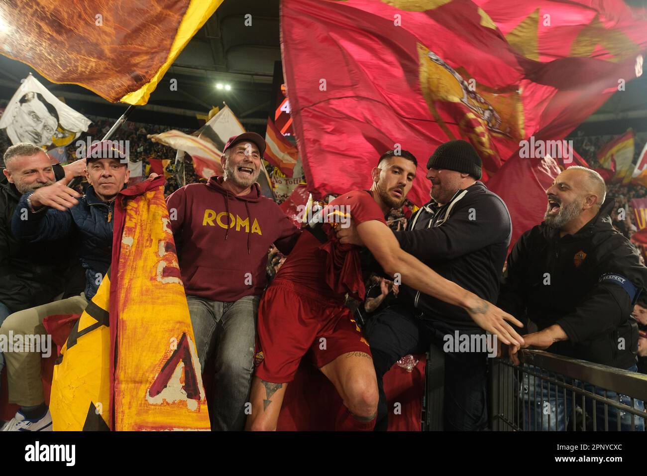 Roma's Italian midfielder Lorenzo Pellegrini exults in victory with the ...